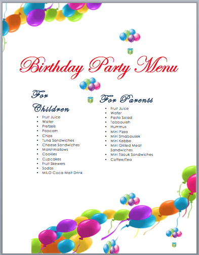 Birthday Party Menu Template Word Templates