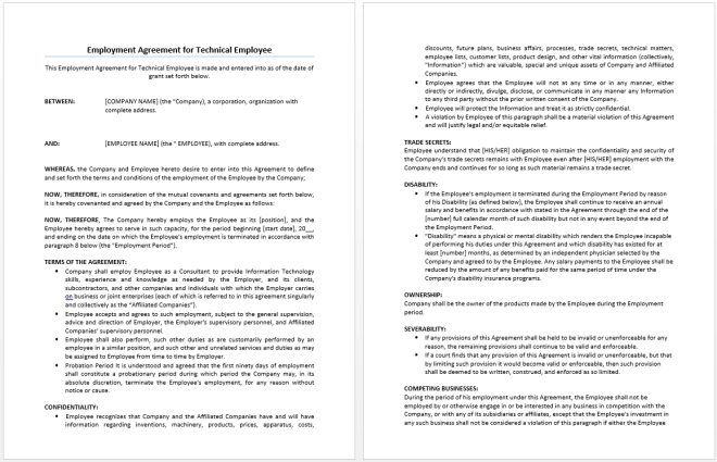 Technical Employment Agreement Template - Word Templates