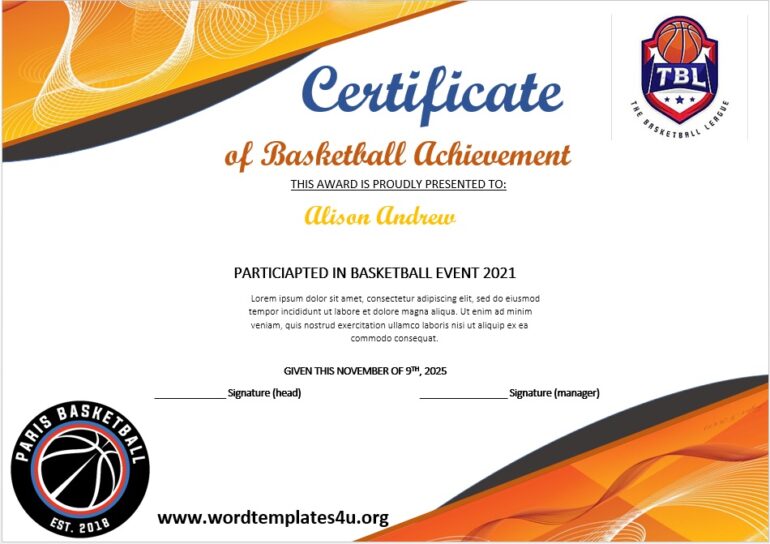 Basketball Certificate Templates - Word Templates
