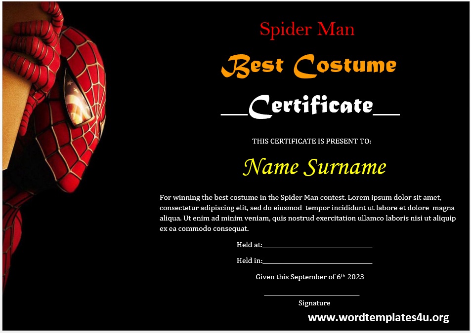 Best Costume Certificate Template Free