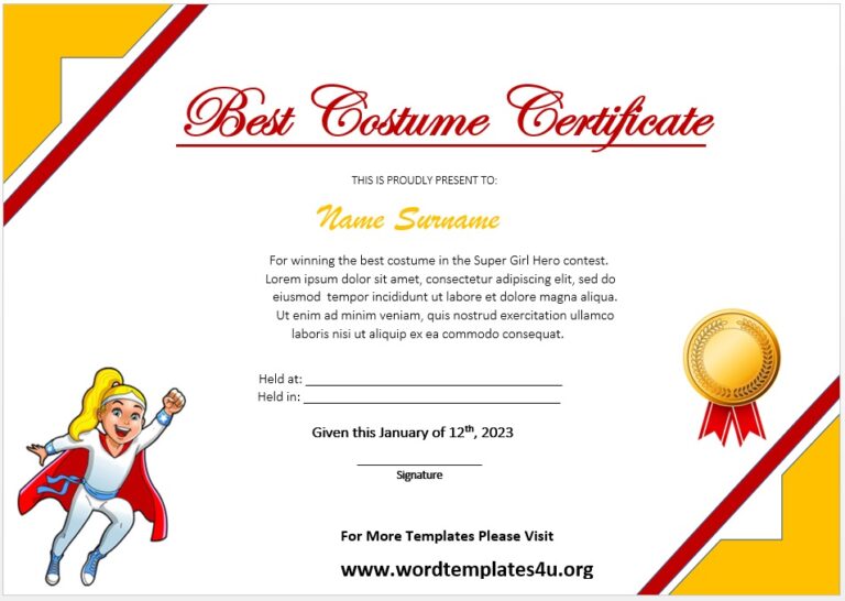 Best Costume Certificate Template Free