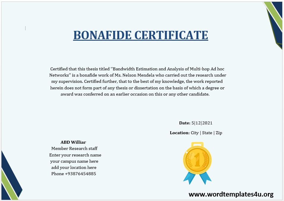 Bonafide Certificate Templates Word Templates