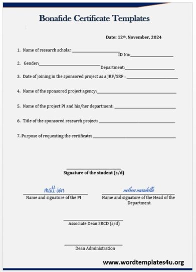 Bonafide Certificate Templates - Word Templates