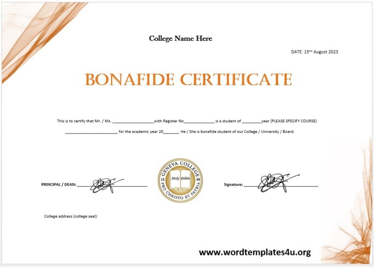 Bonafide Certificate Templates - Word Templates