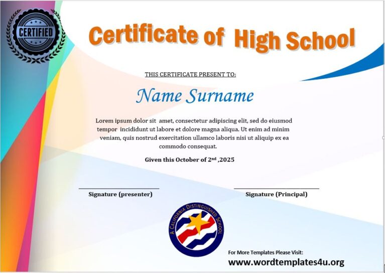 High School Certificate Templates - Word Templates