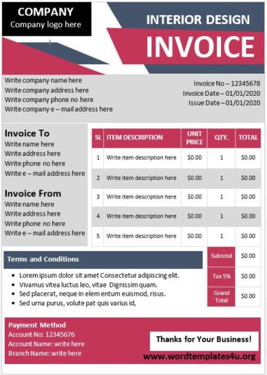 Interior Design Invoice Templates - Word Templates