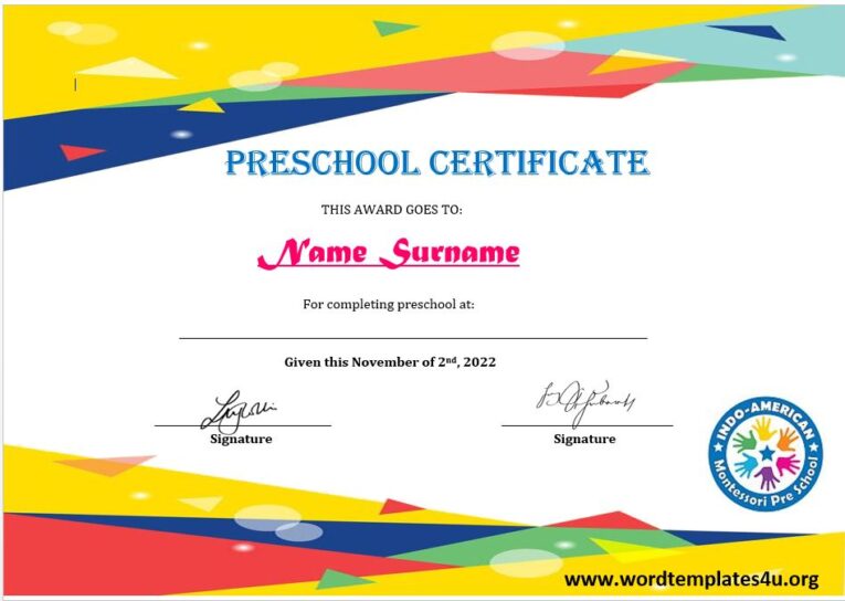 Preschool Certificate Templates - Word Templates