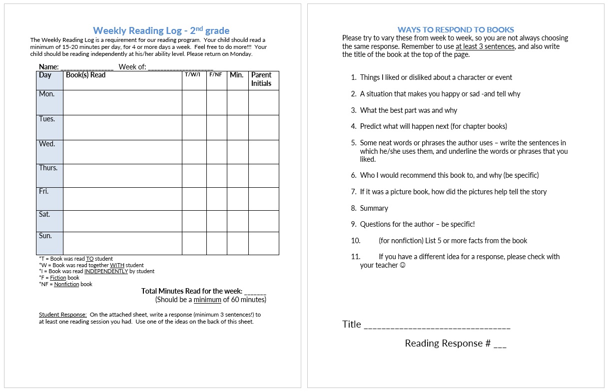 2nd Grade Book Reading Log Template - Word Templates