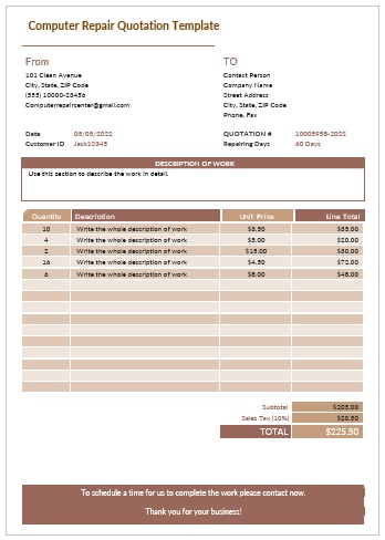 Computer Repair Quotation Template - Word Templates