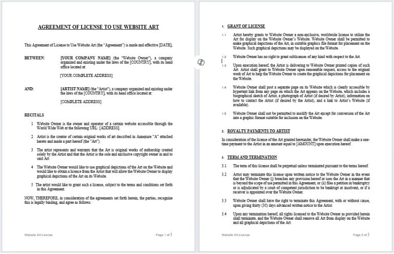Website Art License Agreement Templates - Word Templates