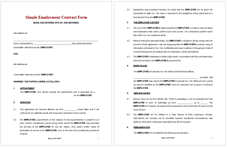 simple employment contract form - Word Templates