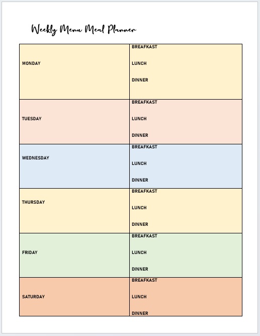 weekly meal schedule - Word Templates